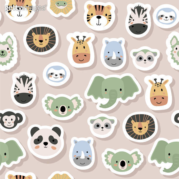 Vector sticker pattern with sloth,tiger,elephant,lion,zebra,giraffe ...