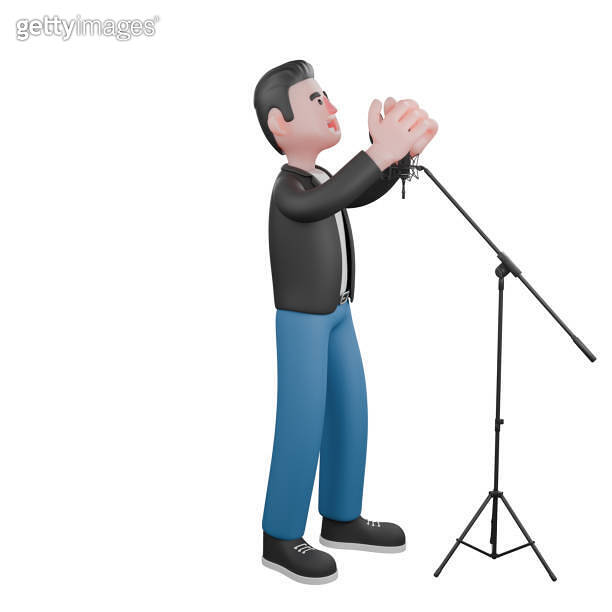 Cartoon Music Artist in 3D. A male musician is standing with both hands ...
