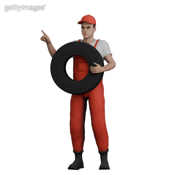 3D Animated Mechanic. A male mechanic stands holding a tire in front of ...
