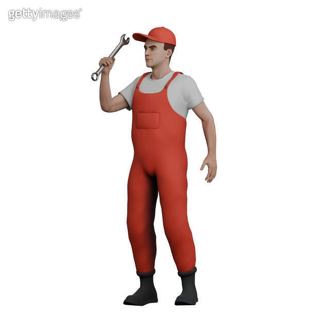 Animated Male Mechanic. A male mechanic stands holding a Y crank in his ...