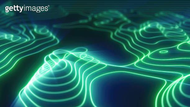 Green looped futuristic hi-tech landscape with mountains and canyons ...