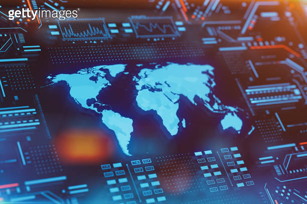 World map on digital lcd display with reflection. 이미지 (2159529889) - 게티 ...