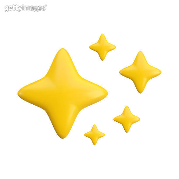 Vector 3d gold sparkle star set on white background. Cute realistic cartoon 3d render, five ...