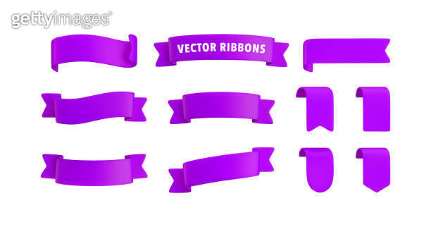 Vector Realistic 3d Ribbons and tags set. Cartoon 3d violet ribbons ...