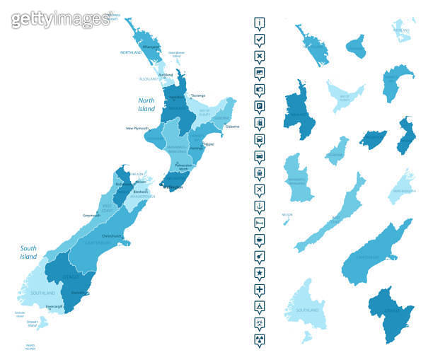 New Zealand - detailed map of the country in blue colors, divided into ...