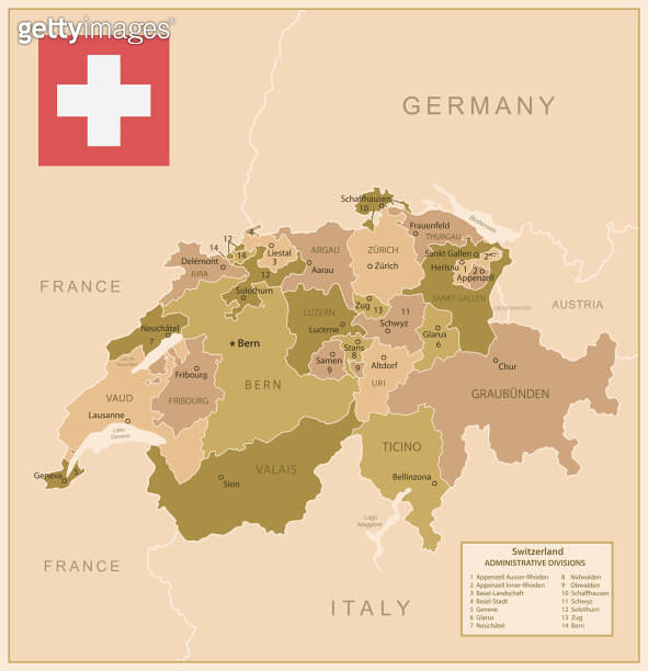 Switzerland - detailed map of the country in brown colors, divided into ...