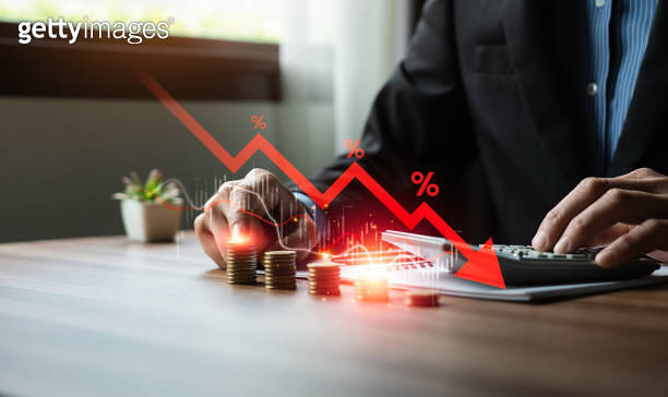 Economic collapse concept, businessman with falling financial graph ...
