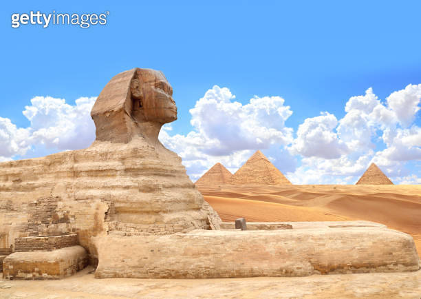Famous Great Sphinx and pyramids of Chephren, Cheops, Menkaure, Cairo ...