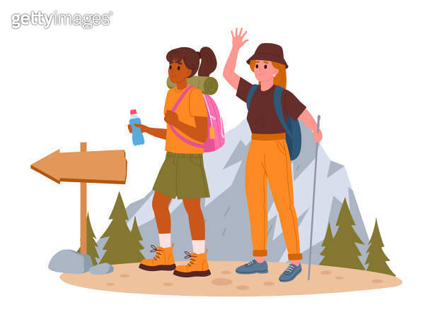 Women on hike. Female characters outdoor adventure, hiking active ...