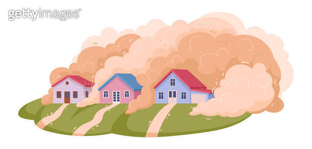 Landslide natural disaster. Cartoon mountain avalanche, dust clouds ...