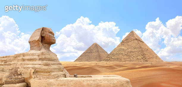 Famous Great Sphinx and pyramids of Chephren and Cheops, Cairo, Egypt ...