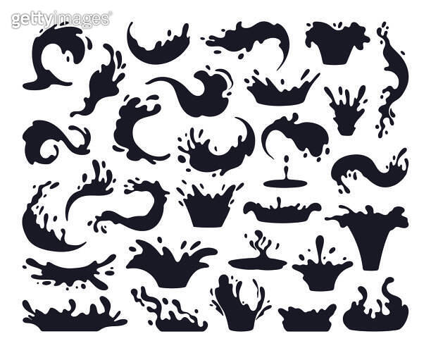 Liquid splash silhouettes. Water drops, flows and waves, black aqua ...