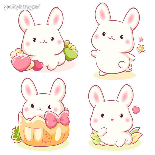 Set of little bunny in kawaii style. Tiny baby rabbits in multiple ...