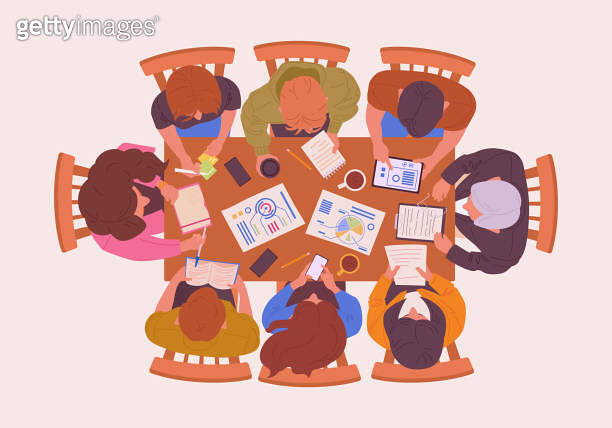 People working at table. Characters working top view, man and woman ...
