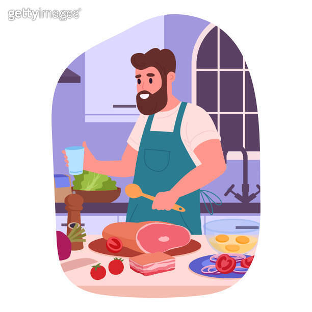 Male character preparing food at home. Man cooking at home, homemade ...