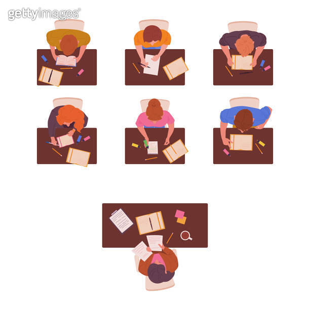 Students and teacher top view. Children sitting at desks in classroom ...