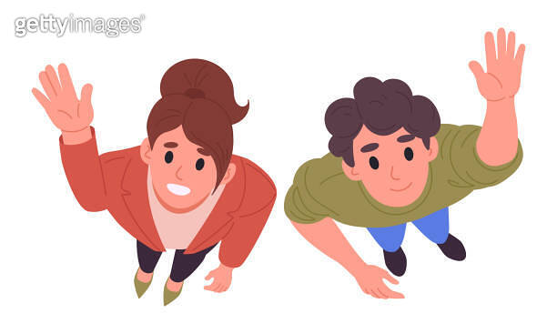 Characters waving hand top view look up. Man and woman looking upwards ...