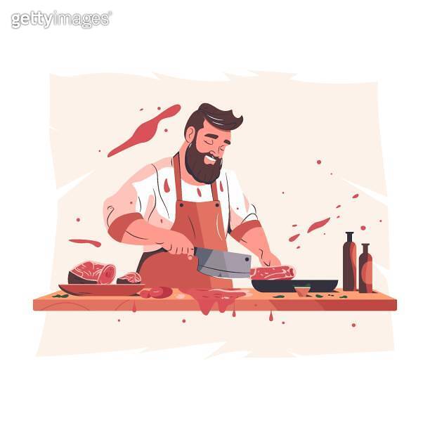 Cartoon butcher cooking meat. Chef with knife in apron cutting steak ...