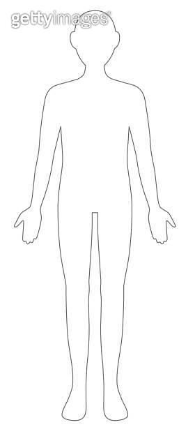 outline gender neutral human body, front view illustration. Black and ...