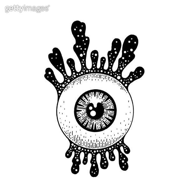 Vintage eyeball. Etching halloween eye with blood splash illustration ...