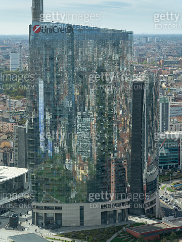 Milano, Italy. Aerial view of the iconic Unicredit tower at Porta Nuova ...