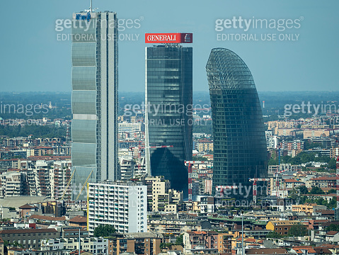 Amazing aerial view of the iconic Generali, Allianz and PWC towers at ...