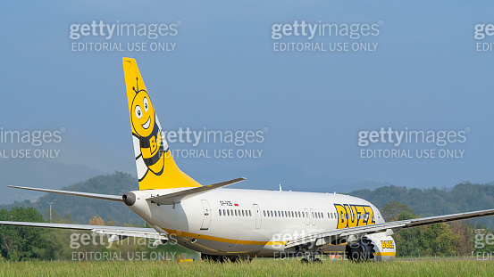 A Buzz Boeing 737 MAX 8 is taxiing to the runway at the Bergamo Milano ...