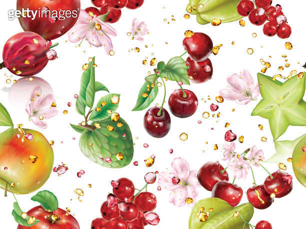 Seamless bright pattern of fruits and drops of juice.Vector mesh 이미지 ...