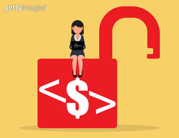 Unlocking financial data codes. Programmer working lady using computer ...