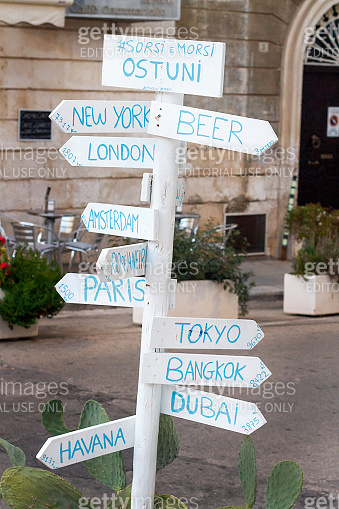 Ostuni street sign pole showing direction and distance to various ...