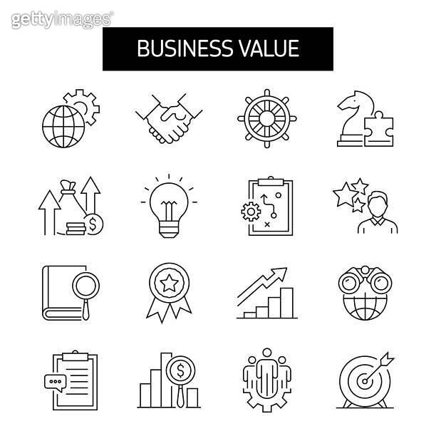 Business Value Line Icon Set. Teamwork, Contract, Strategy, Finance ...