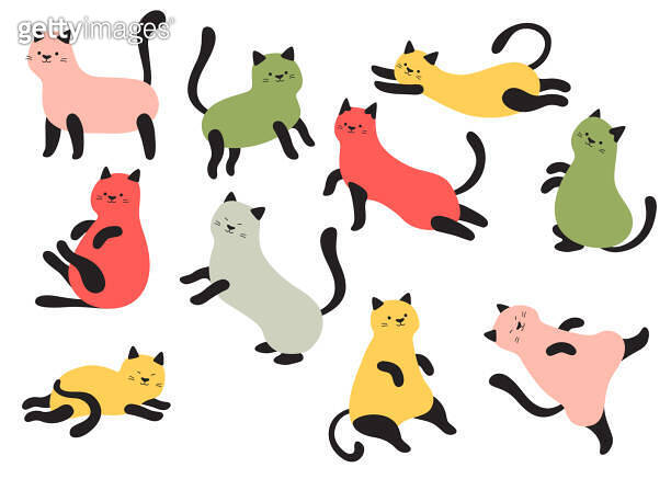 Cute hand drawn colorful lazy cats doodle characters in different poses ...