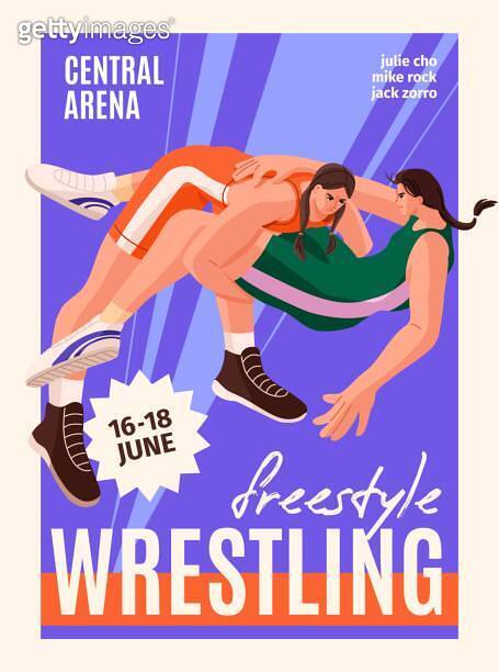 Advertising posters of freestyle wrestling competition, sport event set ...