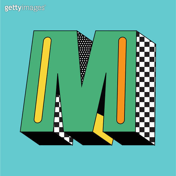 Retro 90s Y2K 3D font design capital letter M on square block of color ...