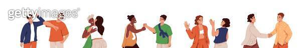 People greeting each other set. Friends gesturing welcome. Different ...