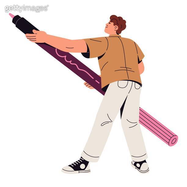 Creative boy carrying colored liner. Happy young man with huge marker ...