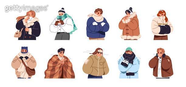 People in winter outerwear freeze set. Different men and women in coats ...