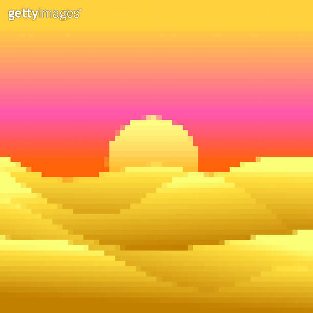 Desert landscape in pixel art style. Sun over sand dunes in the style ...