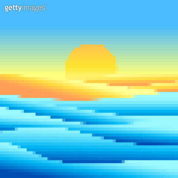 Pixel coastline, sandy beach and shore. Sunset on the beach in the ...