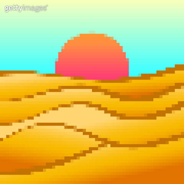 Desert landscape in pixel art style. Sun over sand dunes in the style ...