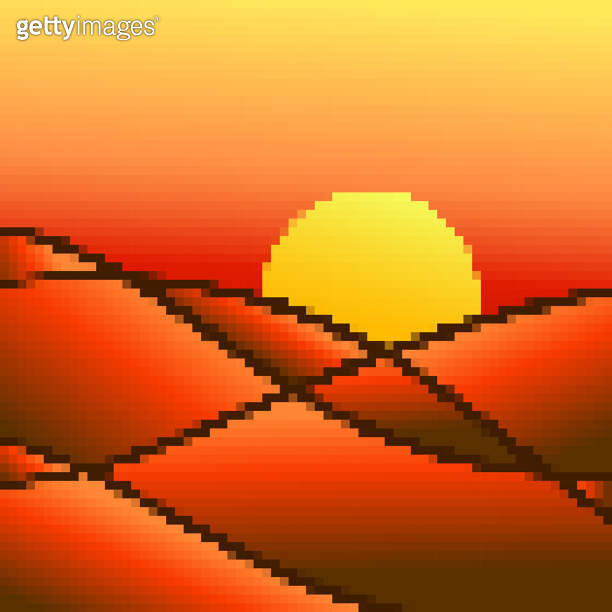 Desert landscape in pixel art style. Sun over sand dunes in the style ...