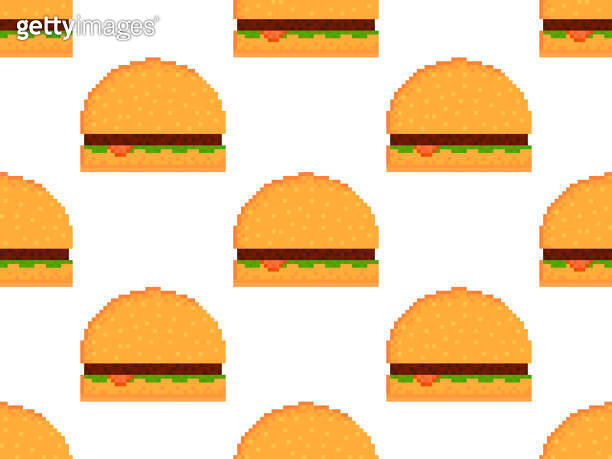 Seamless pattern with hamburgers in pixel art style. Pixel burger with ...