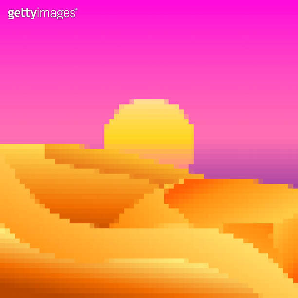 Desert landscape in pixel art style. Sun over sand dunes in the style ...