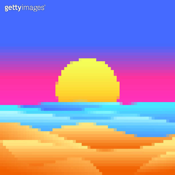 Pixel coastline, sandy beach and shore. Sunset on the beach in the ...