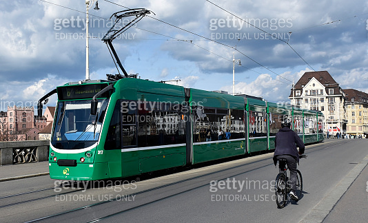 Basel City Tram, River Rijn Bridge, Switzerland Europe, Sky, Springtime ...