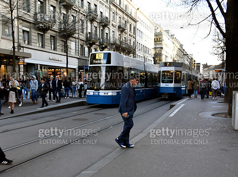 Zurich Streetcar, Zurich Shopping District, Retail Store, People ...