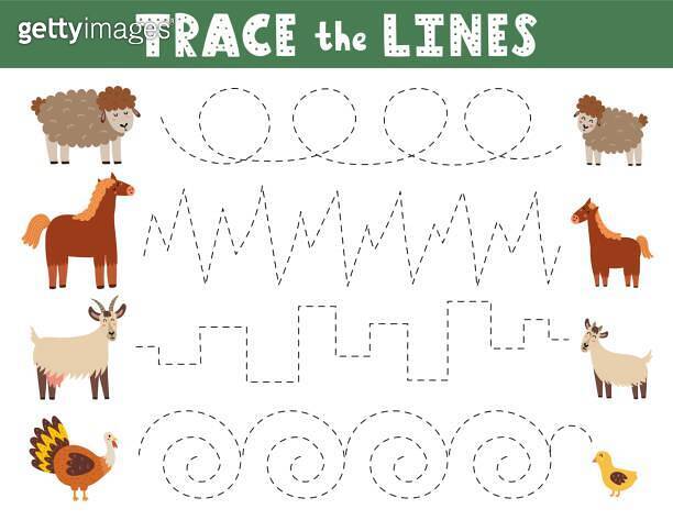 Trace lines activity page with cute farm animals. Handwriting practice ...