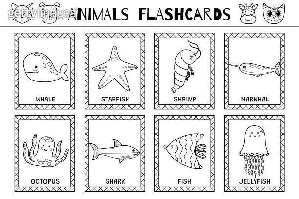 Sea animals flashcards black and white collection for kids. Flash cards set with cute characters ...