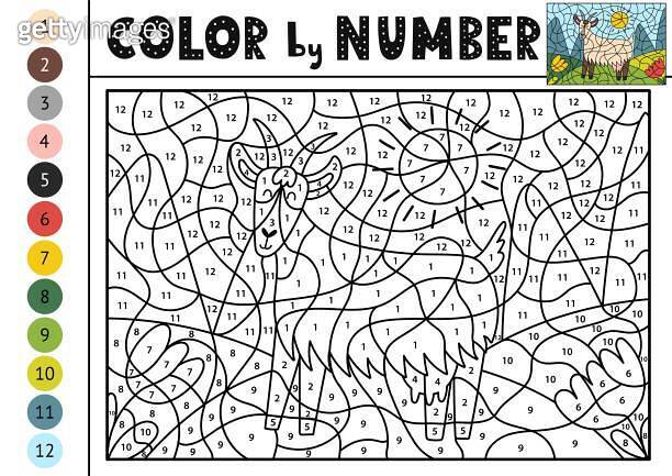 Color by number activity page for kids with a cute goat. Farm animal ...