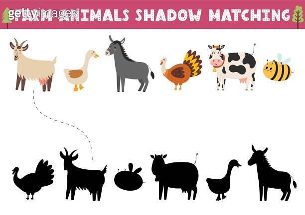 Find the correct shadow activity page with cute farm animals. Farm ...
